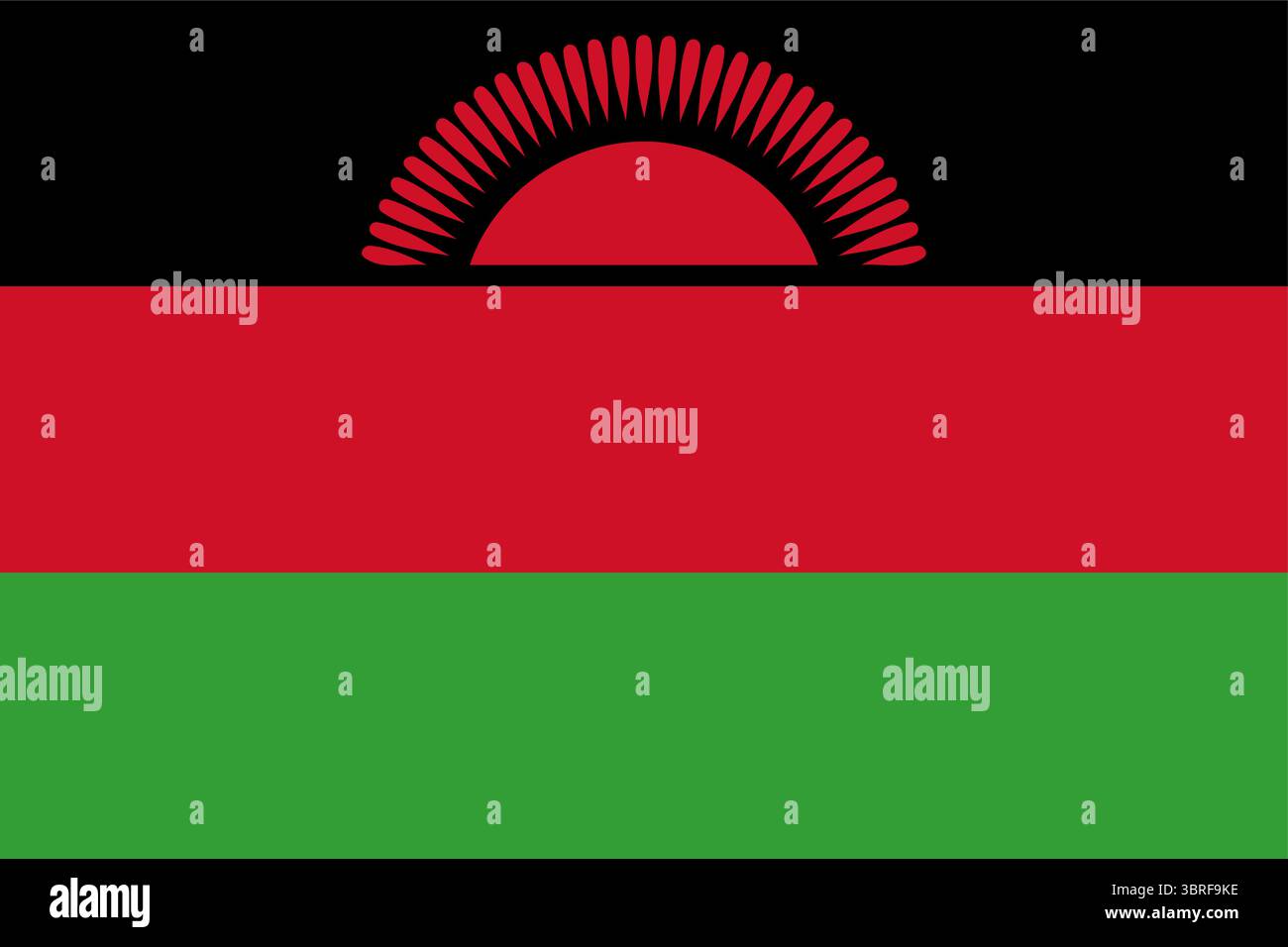 Flag of Malawi – black, red and green horizontal tricolor with rising red sun – national symbol ...