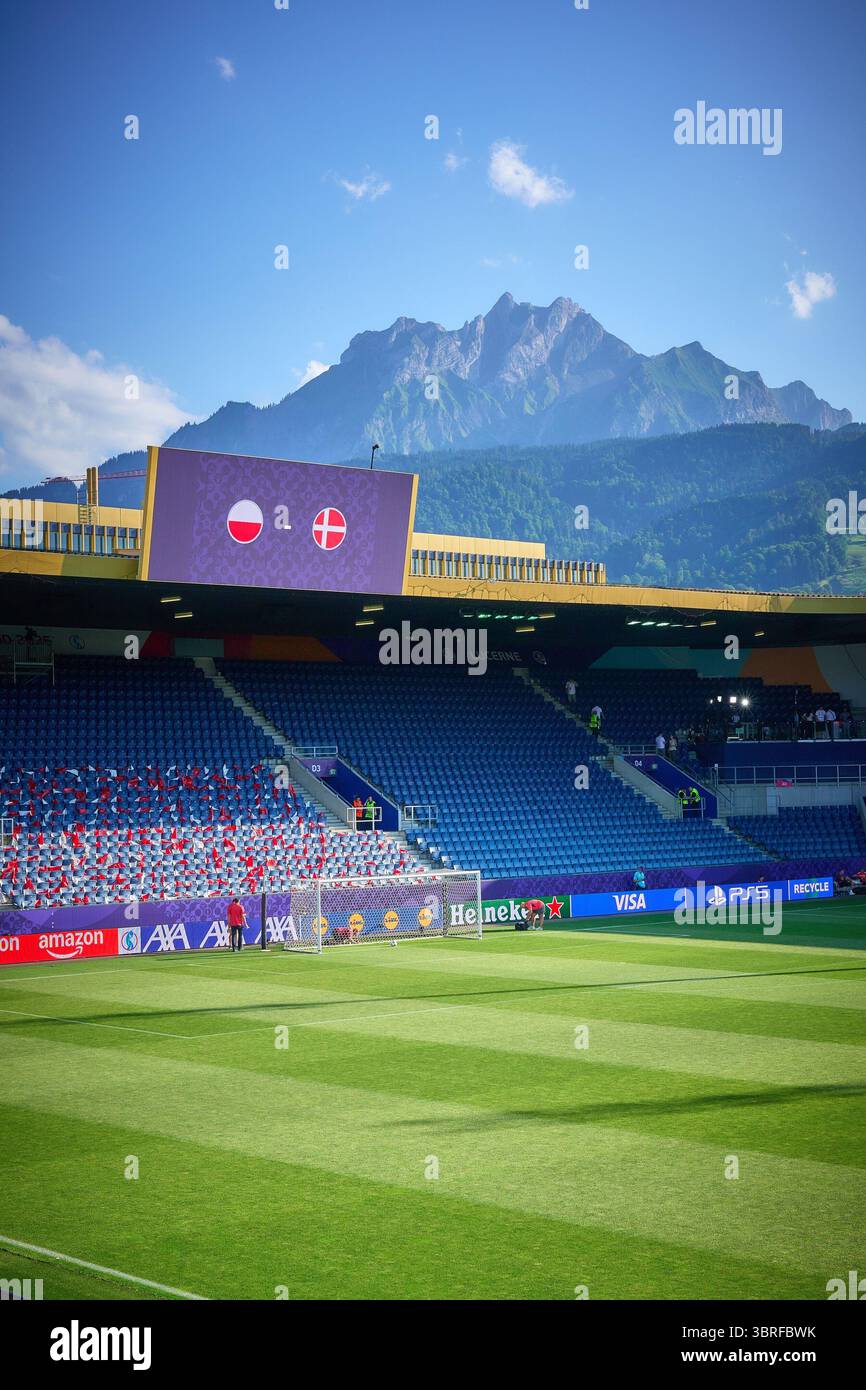 Luzern, Deutschland. 12th July, 2025. Spielfeld mit Tor und leeren Trib ...