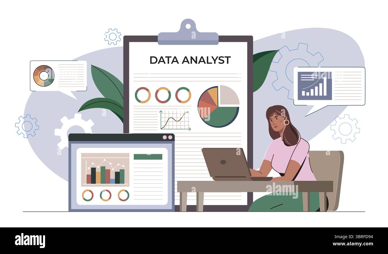 Data analyst working with charts. Vector illustration Stock Vector ...