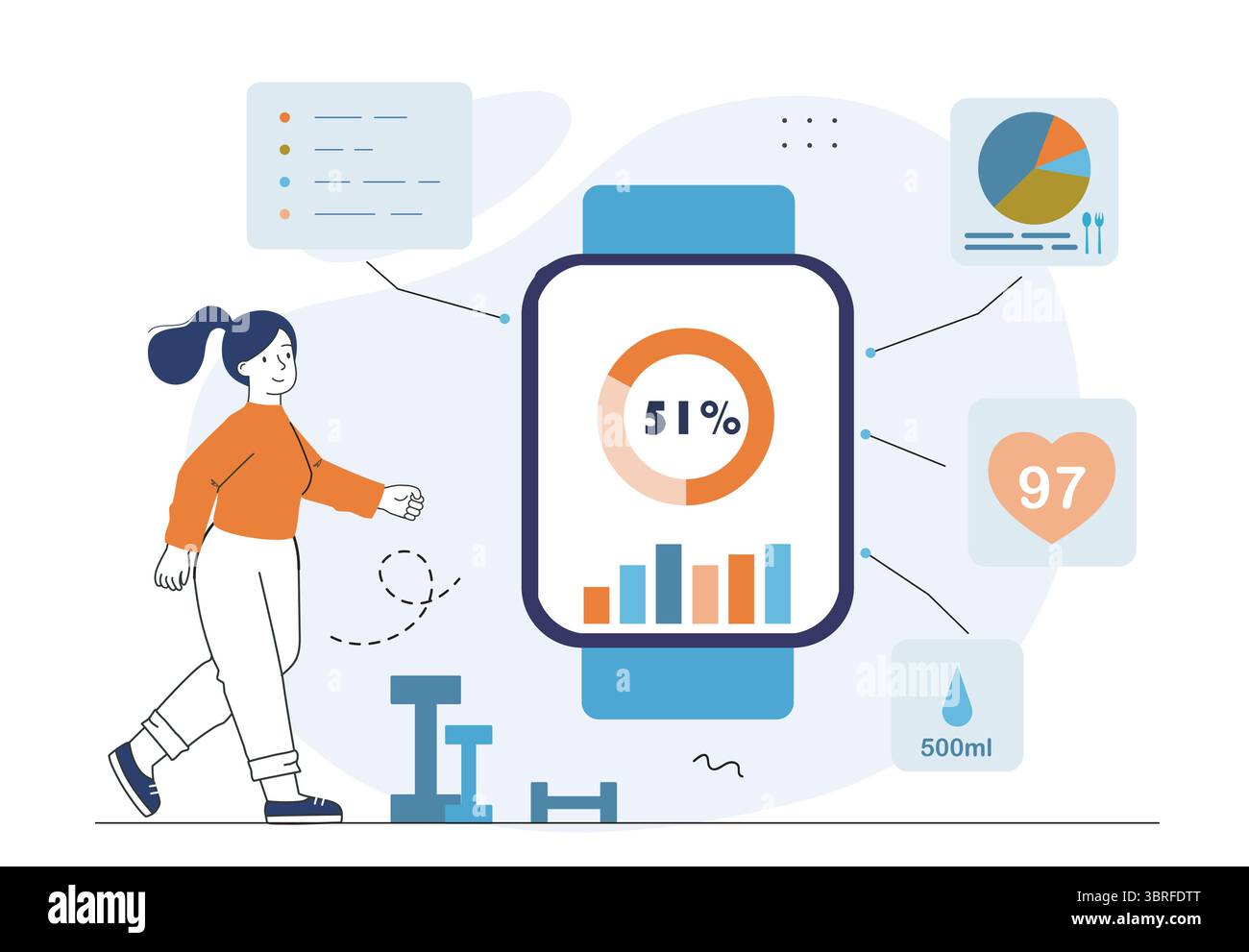Woman tracking fitness data on smartwatch. Vector illustration Stock ...