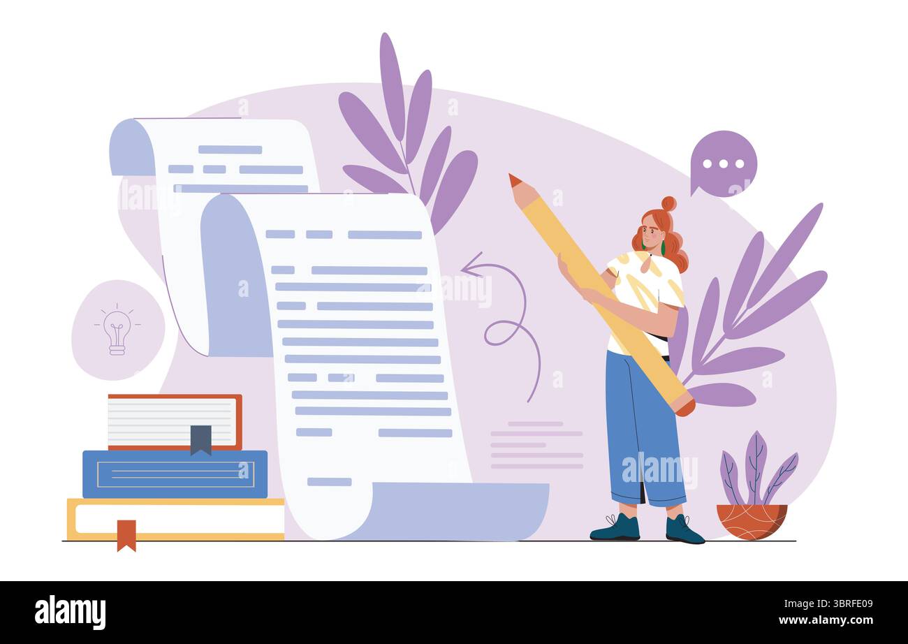 Woman writing on long document scroll. Vector illustration Stock Vector ...