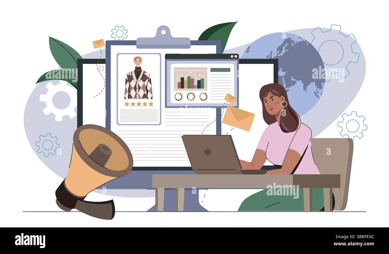 Woman working on digital marketing tasks. Vector illustration Stock ...