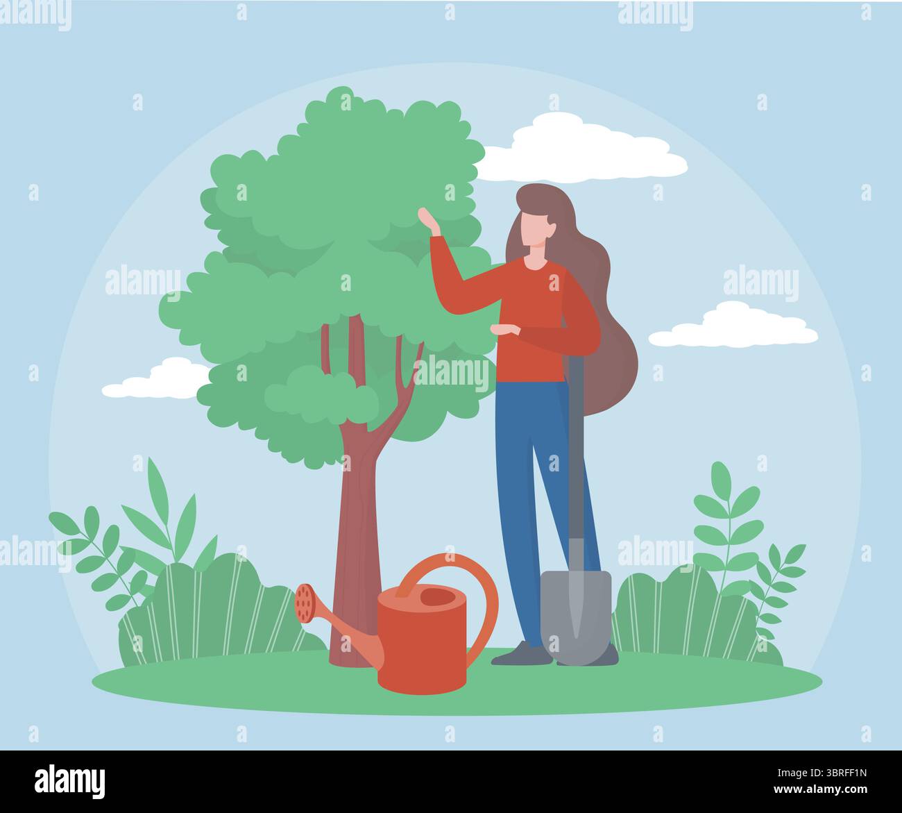 Woman planting tree in garden scene. Vector illustration Stock Vector ...