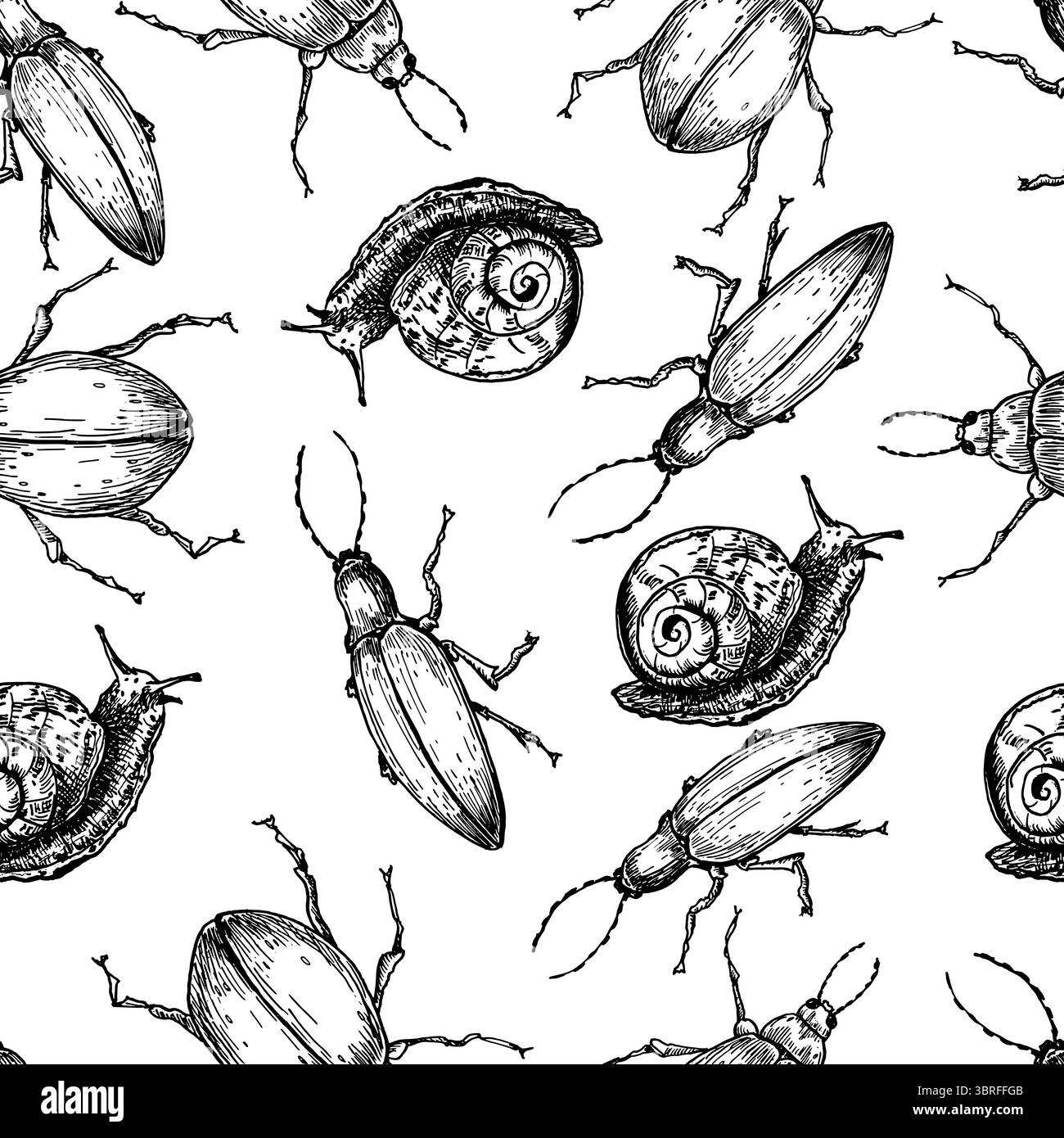 Bugs and snails outline vector seamless pattern. Black and white repeated background of longhorn ...