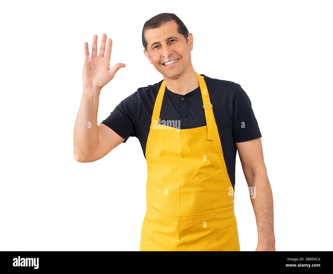Barista man with yellow apron wearing casual over white background ...