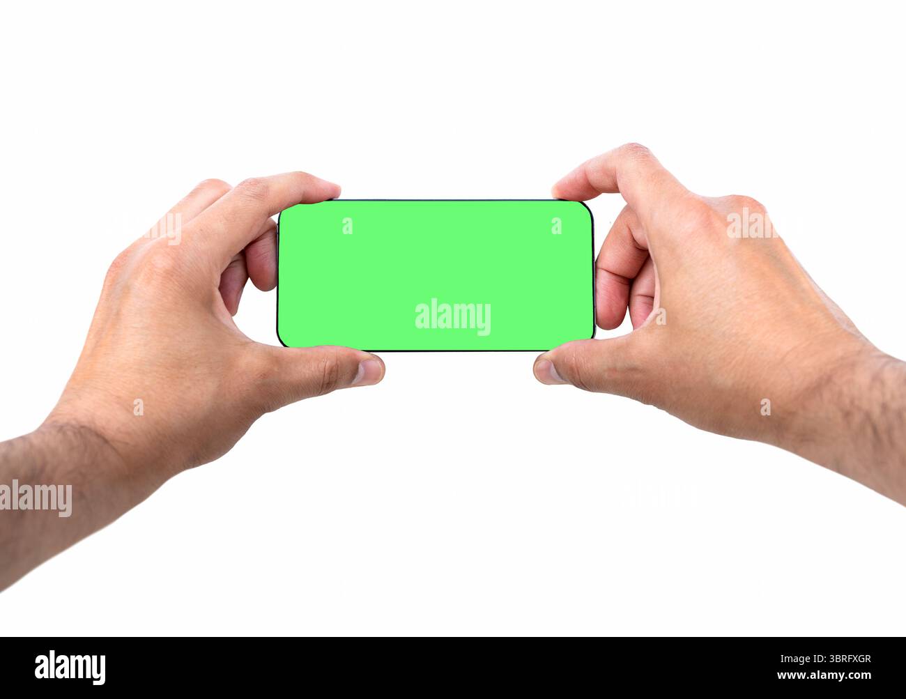 Man holding phone in hands, mockup for phone camera.Green screen and ...
