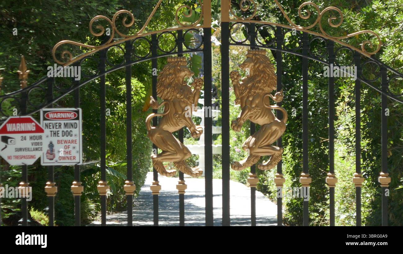 Encino, California, USA 11th July 2025 Gold Lions on Gate and Never ...