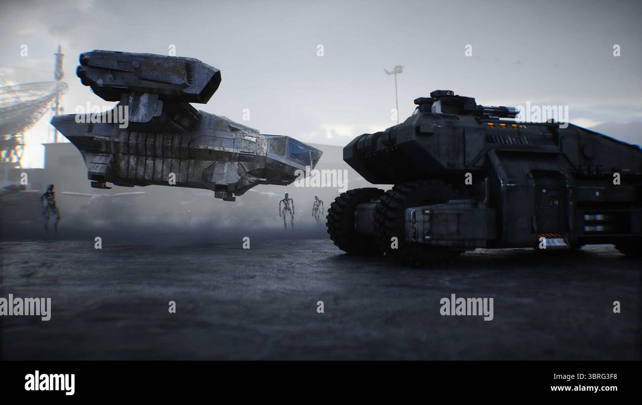 Futuristic military base with robots and aerial ship. 3d rendering ...