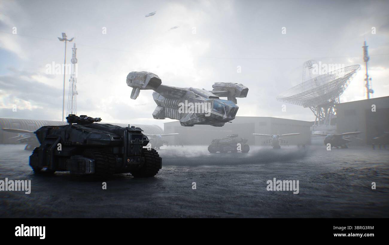 Futuristic military base with robots and aerial ship. 3d rendering ...