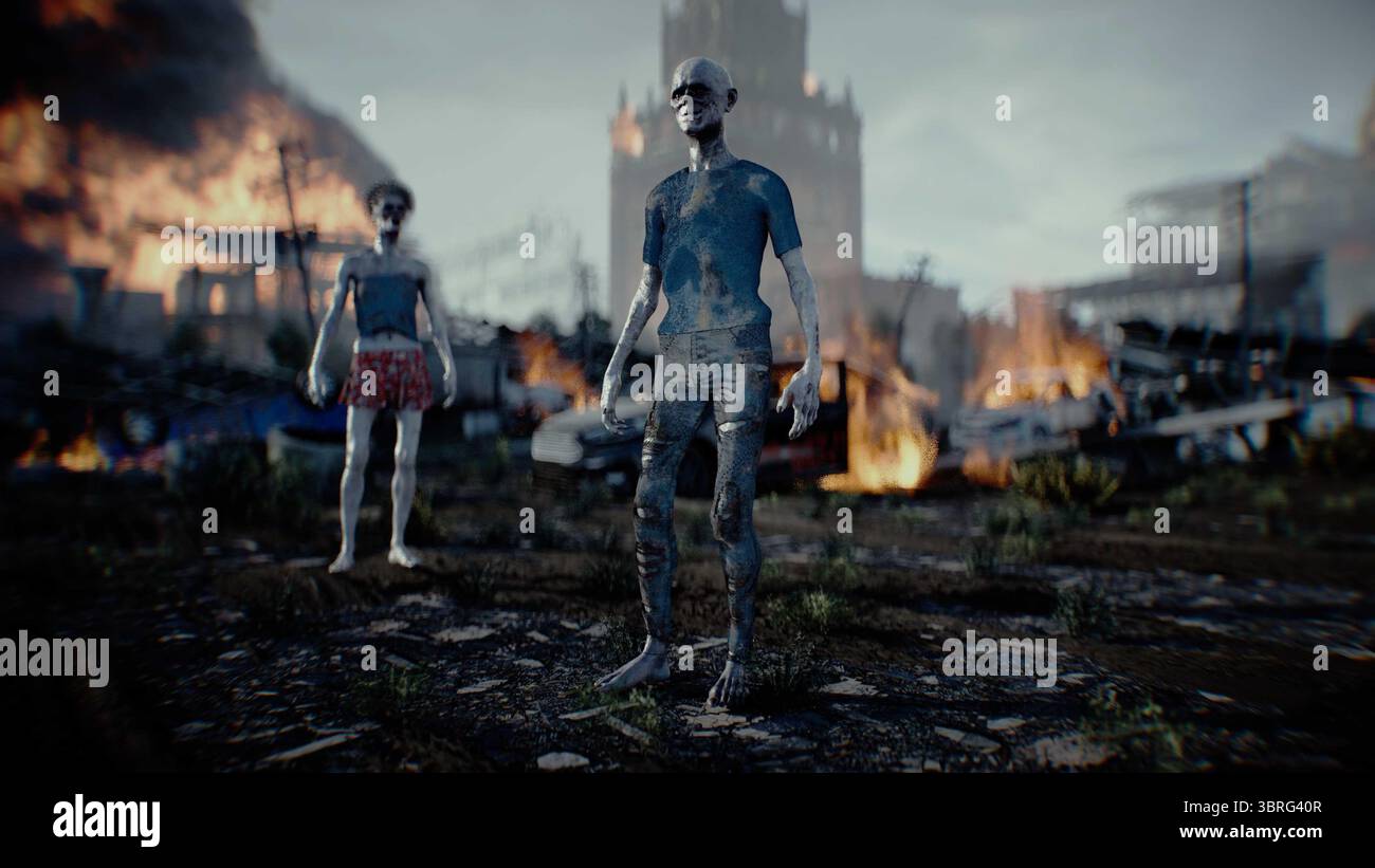 Russian zombie apocalypse. burning city Moscow. Armageddon. 3d ...