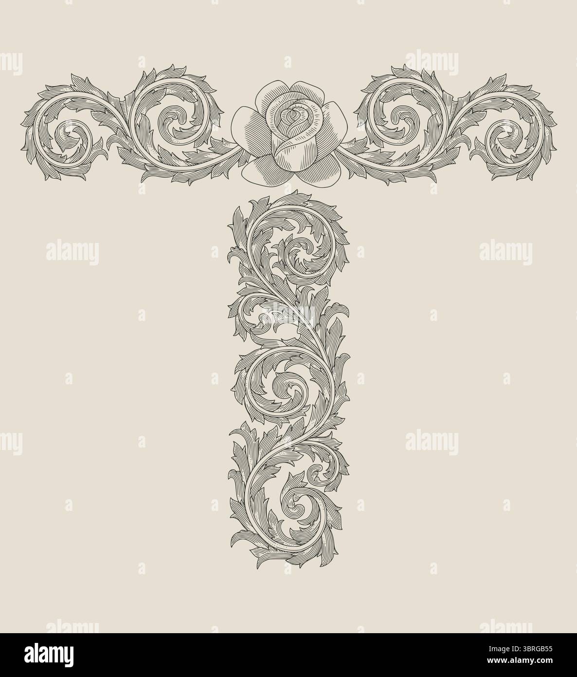 T initial alphabet in floral ornament shape with rose flower, Vintage ...