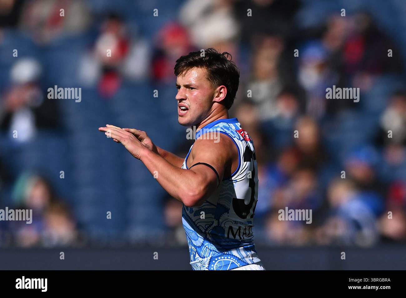 Cooper Harvey of North Melbourne reacts after kicking a goal during the ...