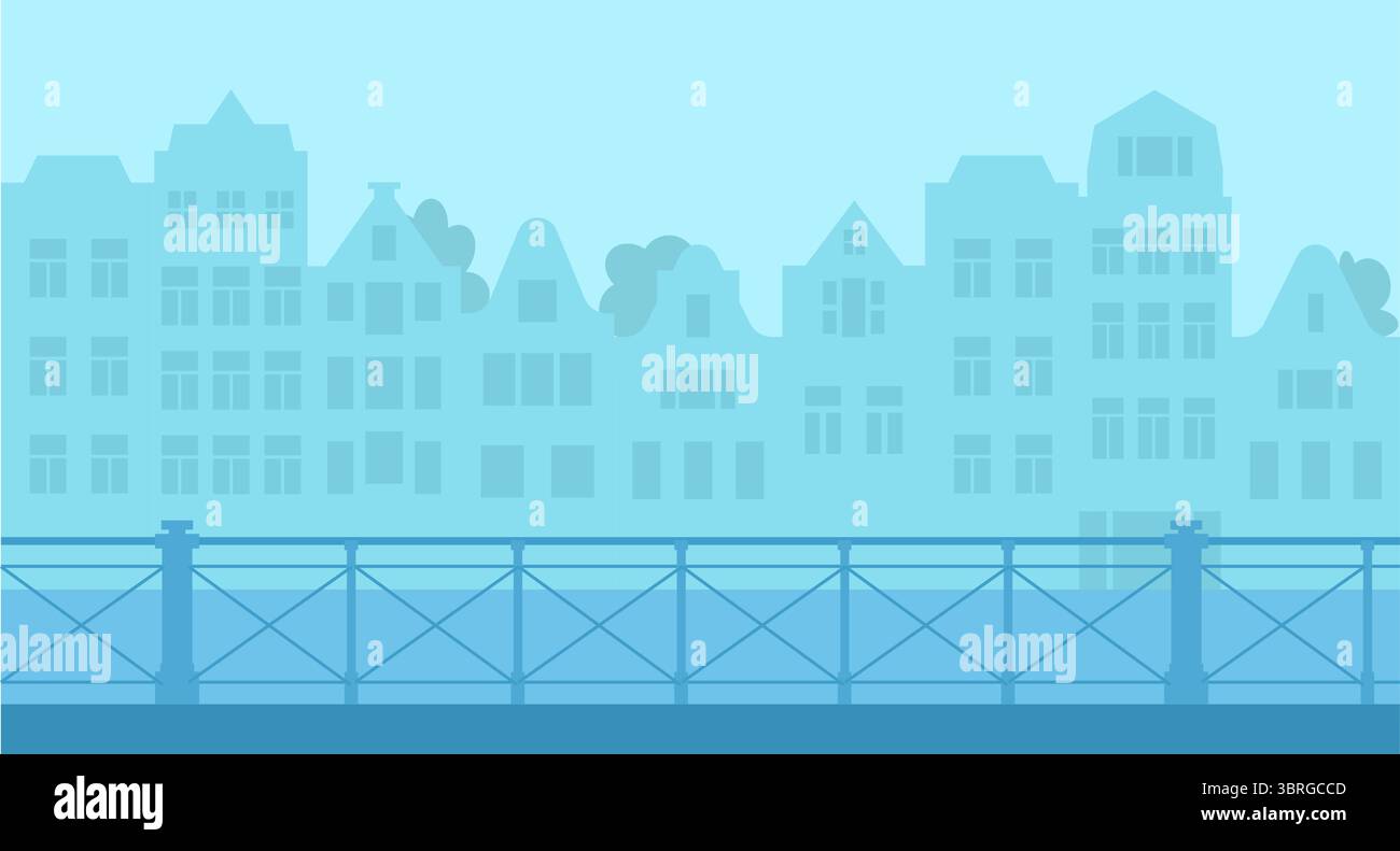 Amsterdam style houses and canal, blue monochrome European city ...