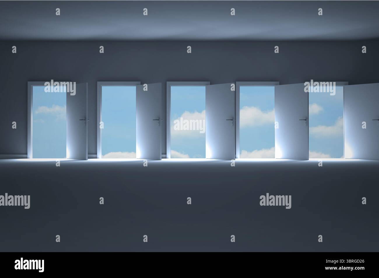 Doors opening in dark room to show sky Stock Photo - Alamy