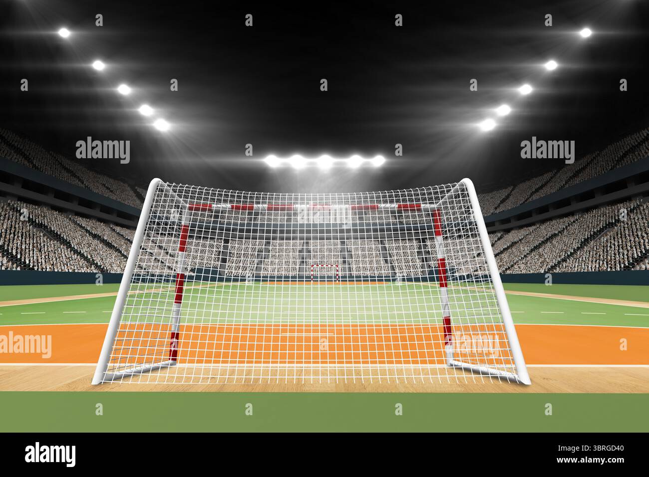White-framed sports goal is standing in flat stadium, with floodlights ...