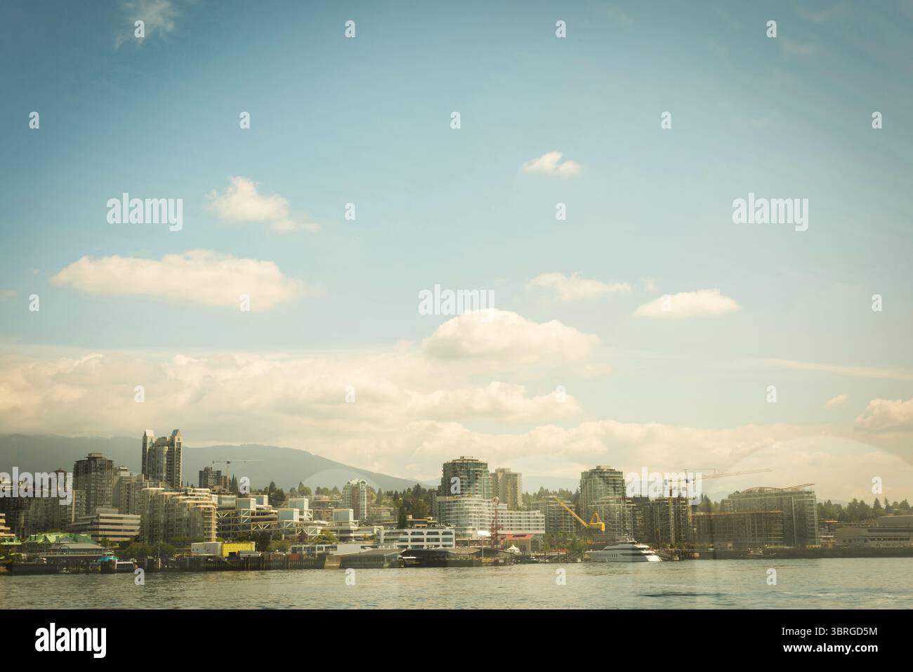 Flat design waterfront skyline is stretching across harbor reflecting ...