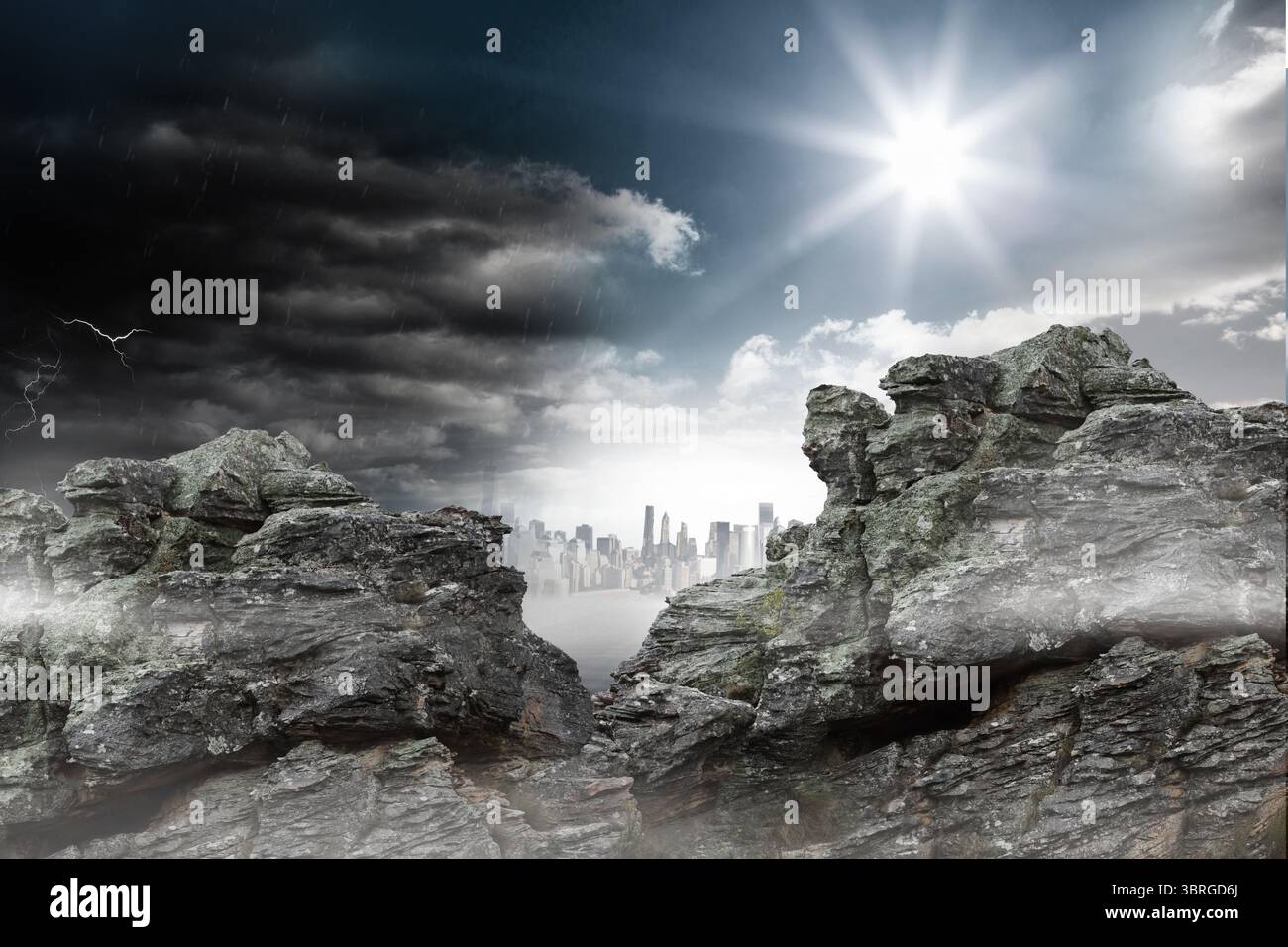 Flat design depicting jagged cliffs misty gap featuring city skyline ...