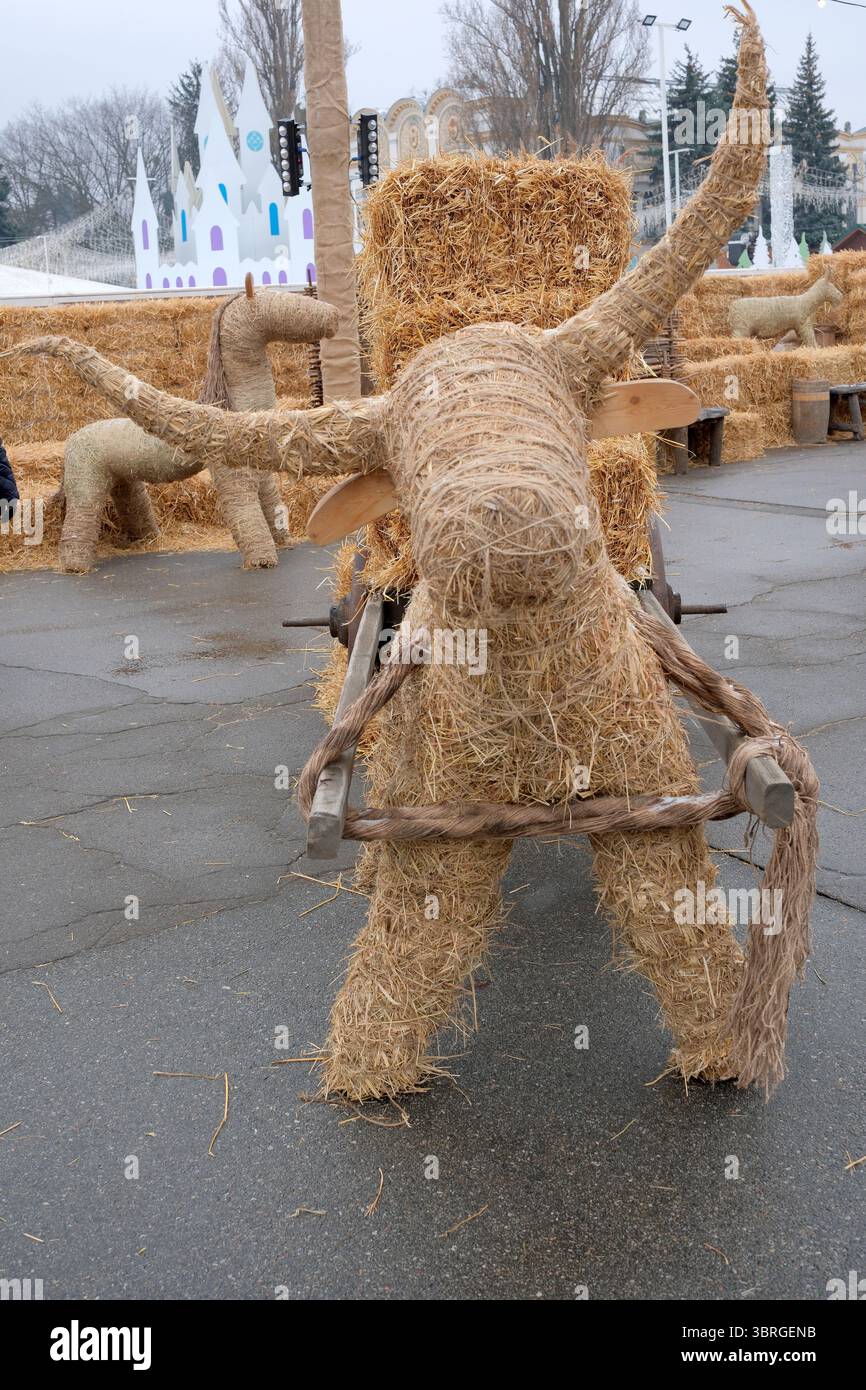 A charming bull made of straw stands proudly at a winter celebration ...