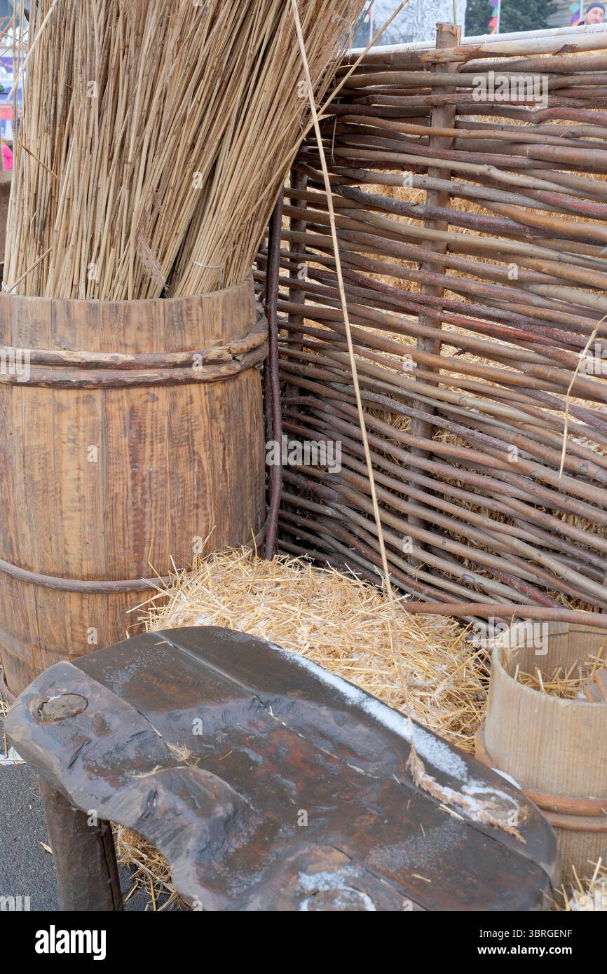 Textures of wood and straw blend in a charming rural display Stock ...
