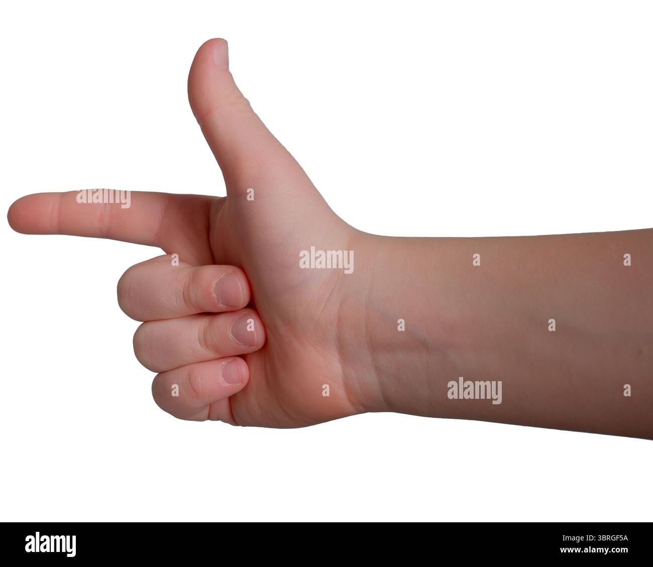 A playful hand gesture mimics a finger gun in a bright setting Stock ...