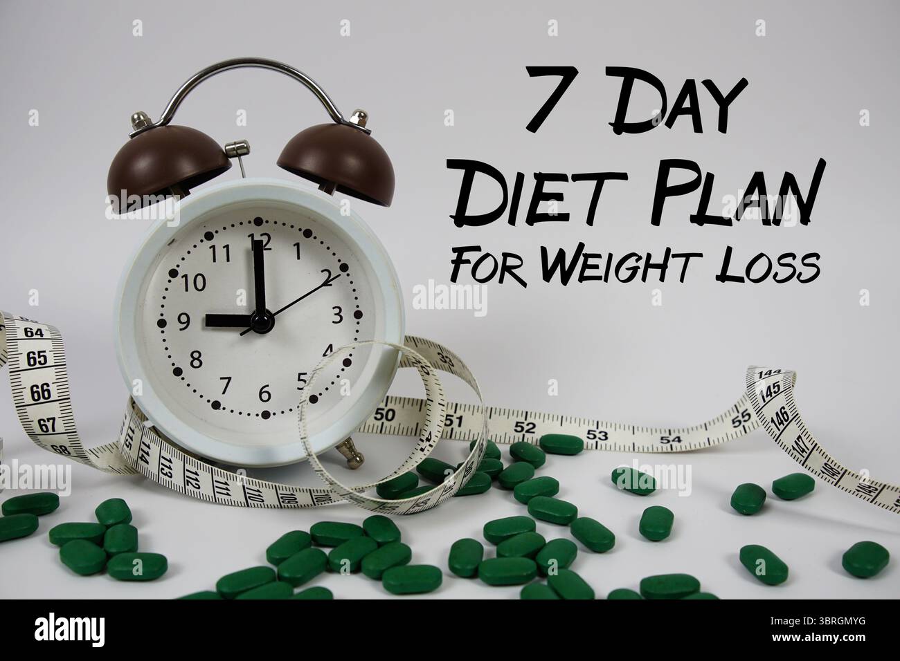 7 Day Diet Plan For Weight Loss text with medicine, alarm clock and ...