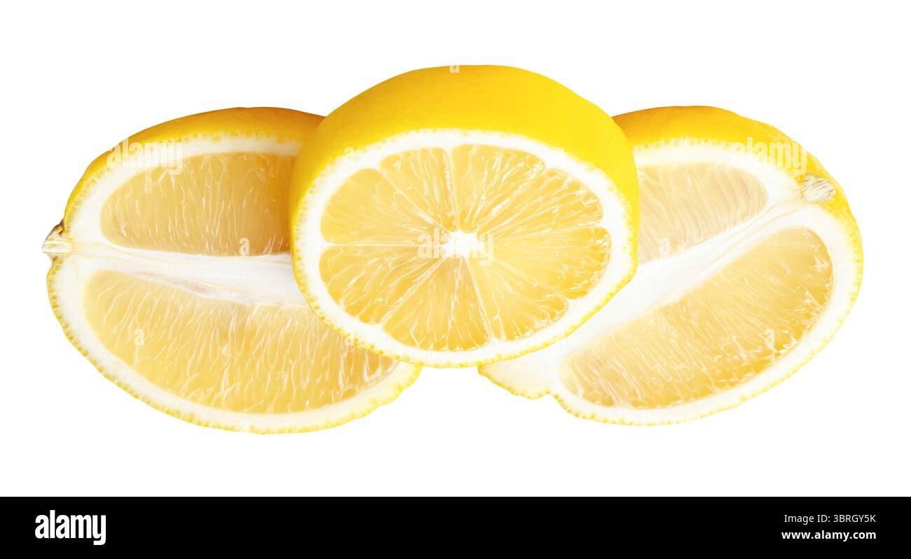 Front view of three ripe yellow lemon pieces in two ellipses and one ...