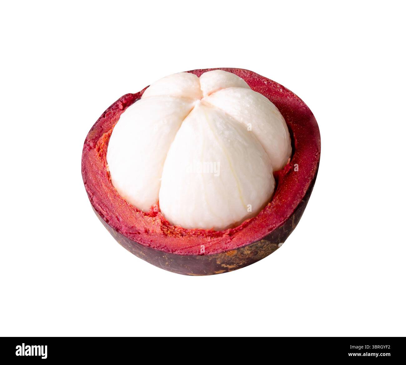 One ripe peeled mangosteen is isolated on white background with ...