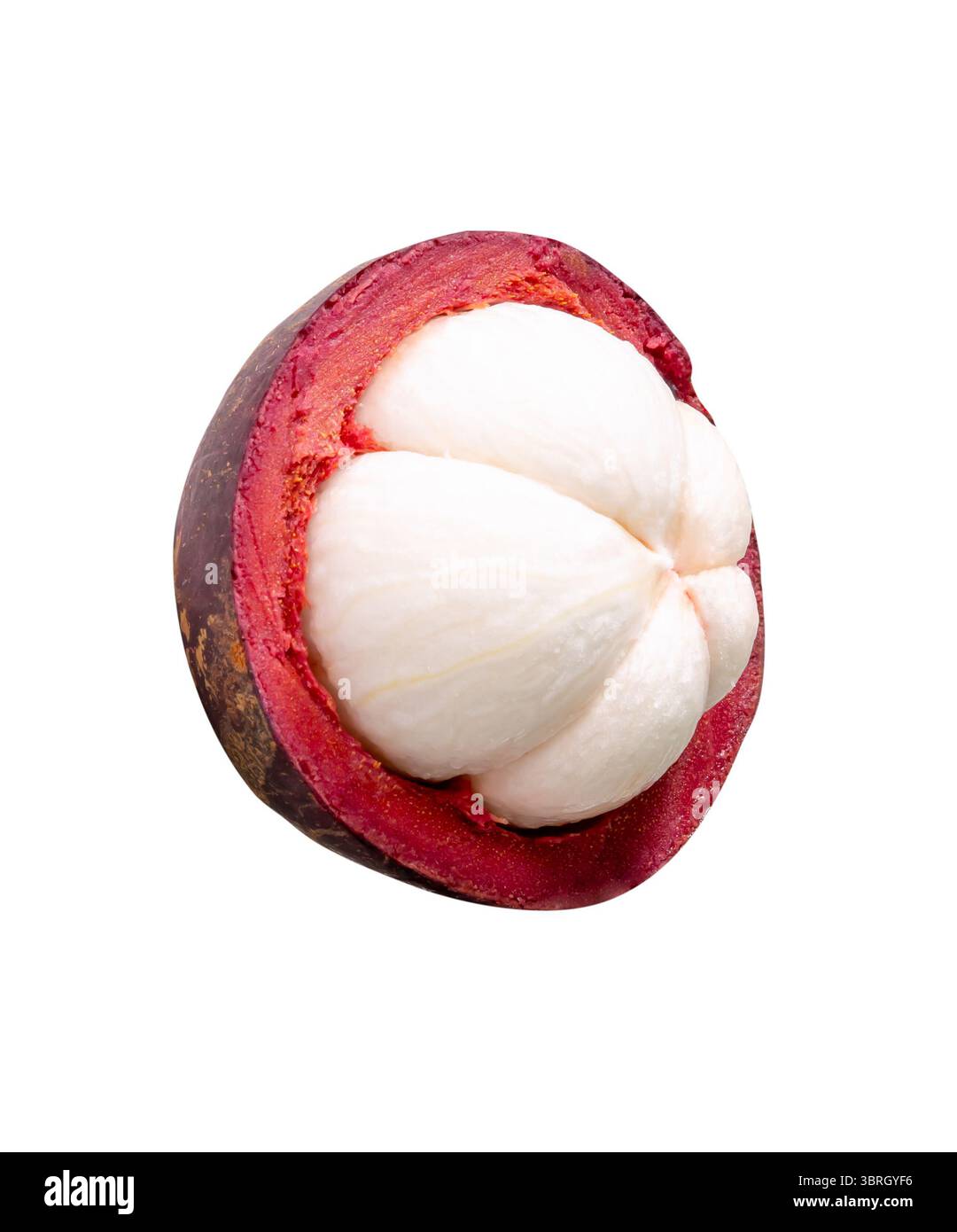 One ripe peeled mangosteen is isolated on white background with ...