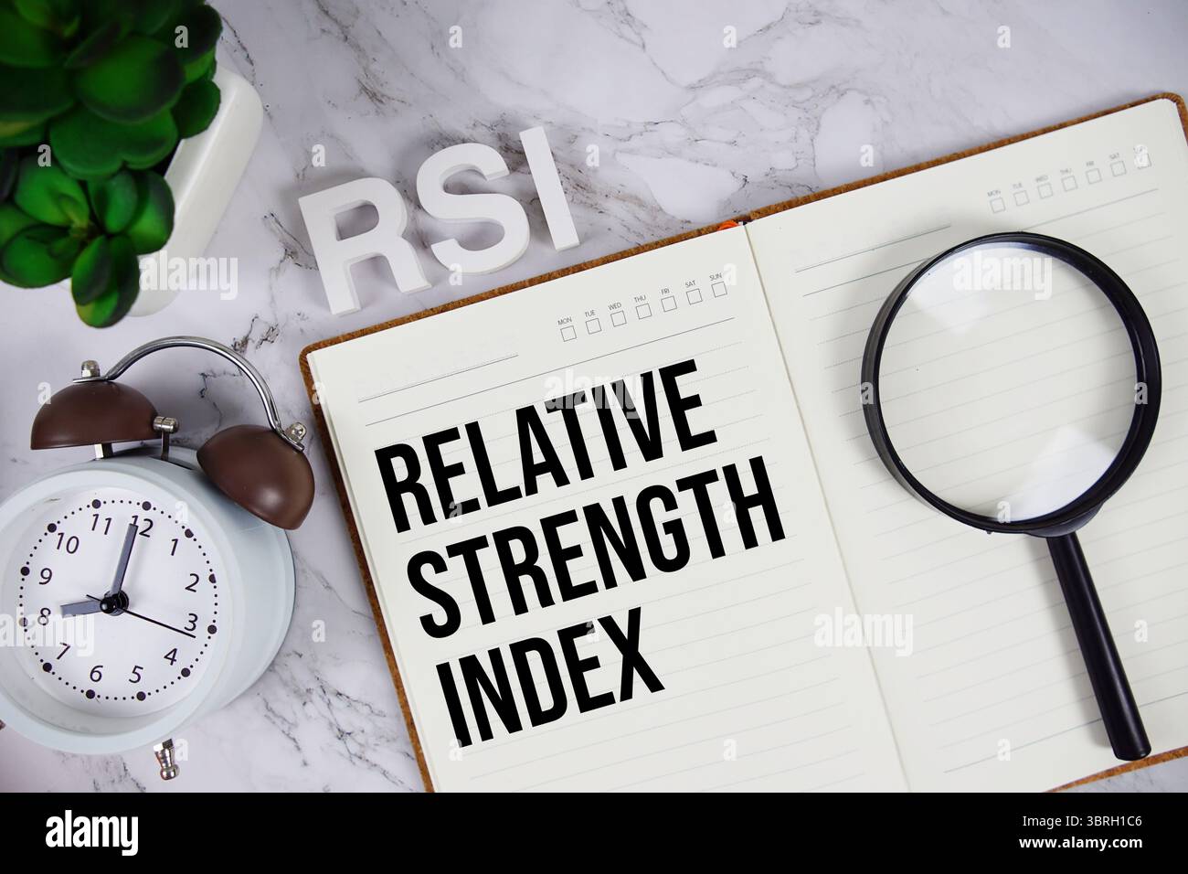 RSI - Relative Strength index acronym on notepad, Business concept ...