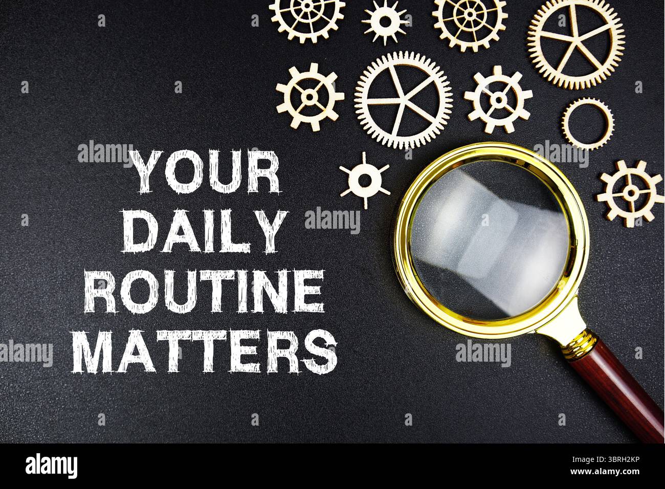 Your Daily Routine Matters text message with magnifying glass on black ...