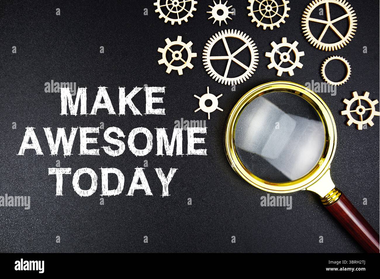 Make Awesome Today text message with magnifying glass on black ...