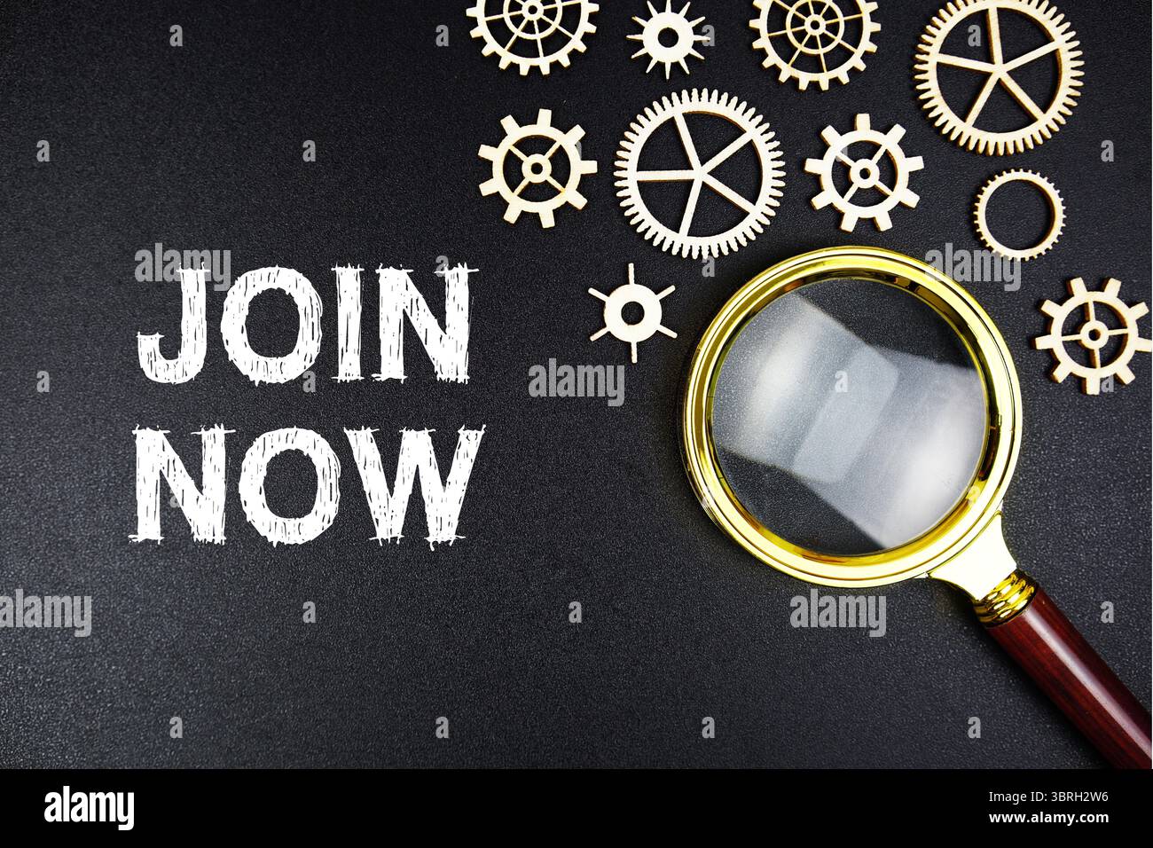 Join Now text message with magnifying glass on black background Stock ...