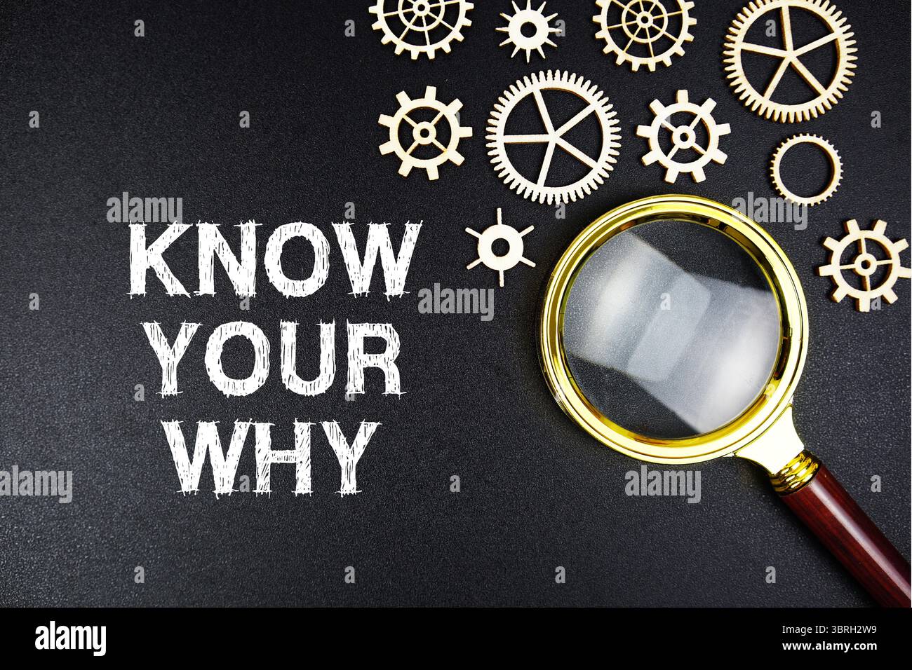 Know Your Why text message with magnifying glass on black background ...