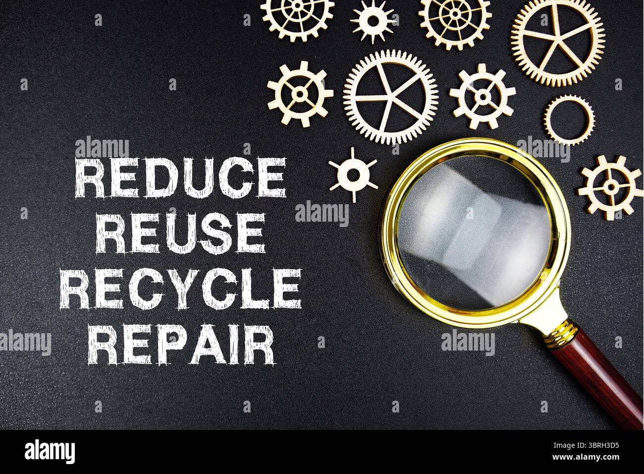 Reduce, Reuse, Recycle, Repair text message with magnifying glass on ...