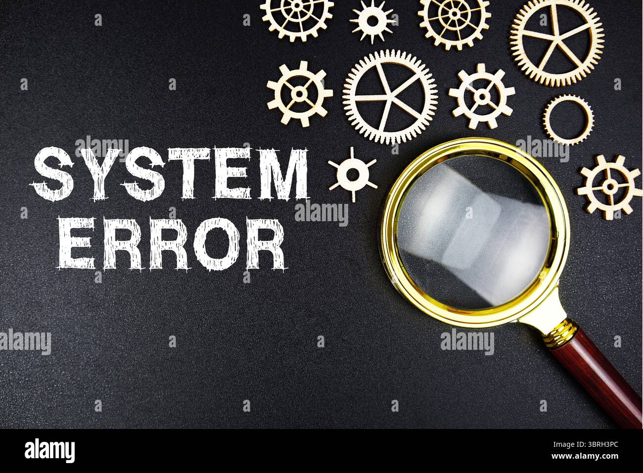 System Error text message with magnifying glass on black background ...