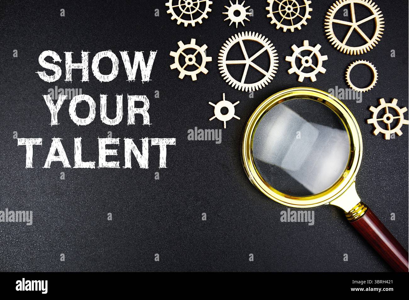 Show Your Talent text message with magnifying glass on black background ...