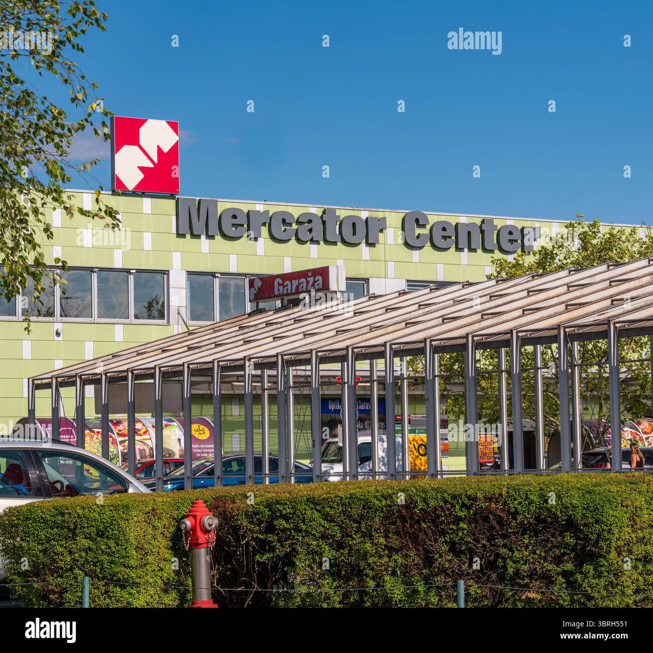 Domzale, Slovenia - July 9, 2025: A view of the Mercator Center, a ...
