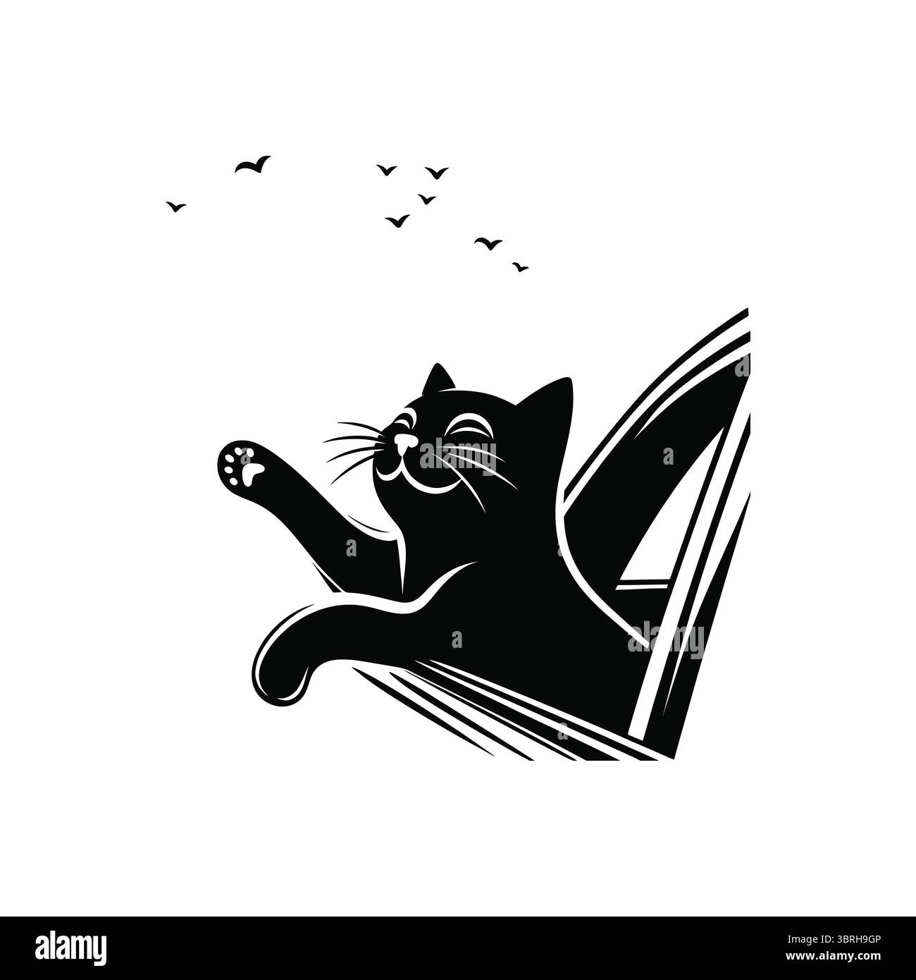 Happy cat looking out of a moving car window. A cute black feline ...