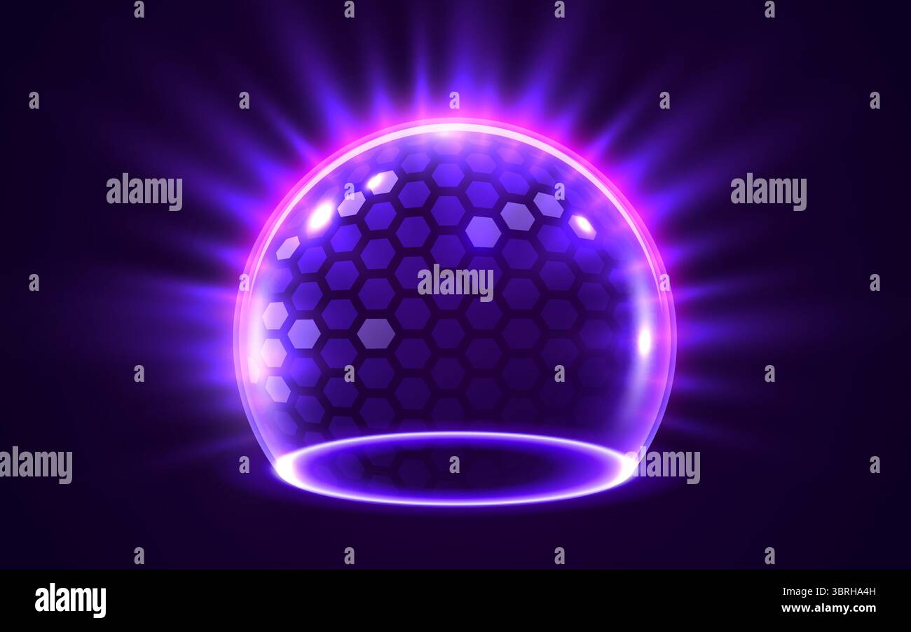 3D transparent sphere protection shield with hexagon pattern and neon ...