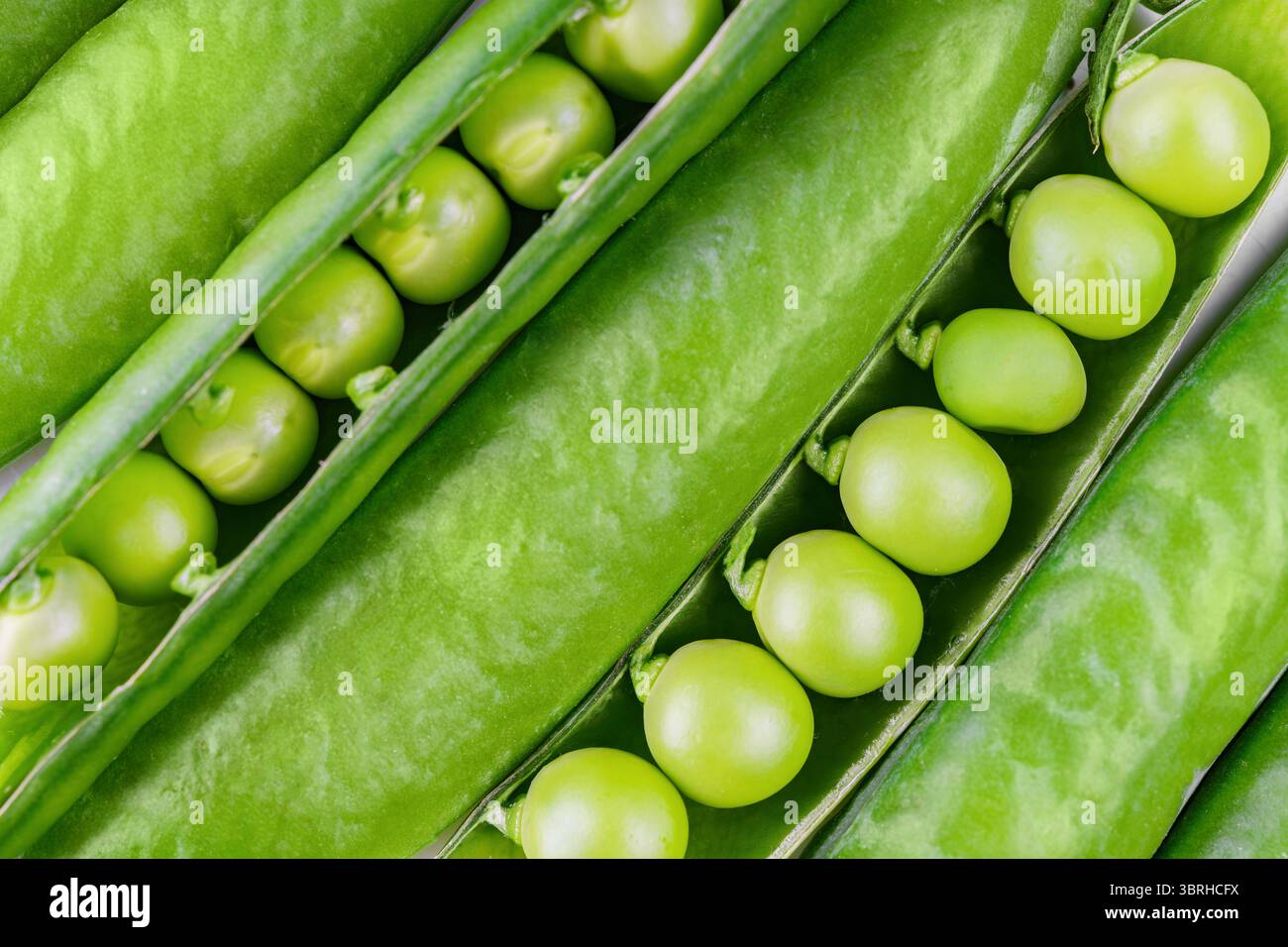 Abstract macro food background of organic green pea pods opened to ...