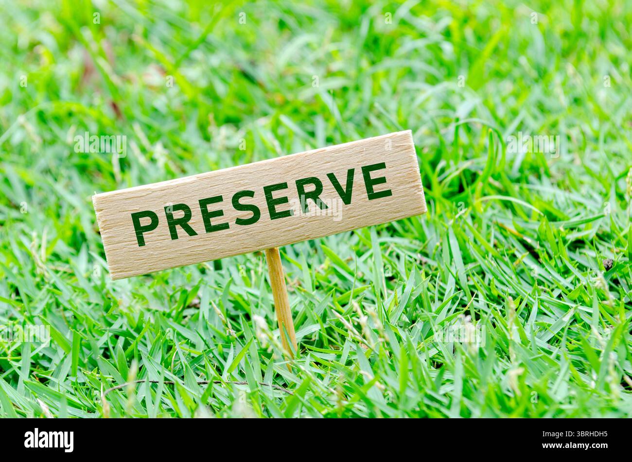 Wooden signage with PRESERVE on grass. Nature conservation focus Stock ...