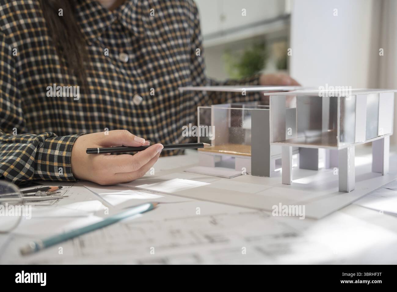 House model on Buleprint construction drawing and drawing equipment ...
