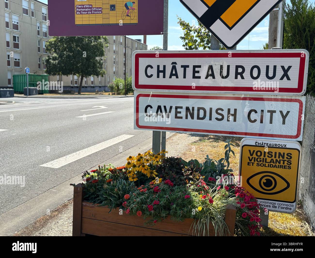 13 July 2025, France, Chateauroux: View of the town entrance sign and a ...