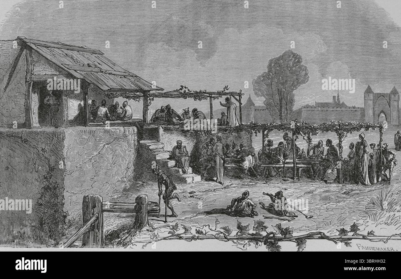 Paris, France. A "courtille" in the Middle Ages. Engraving by ...