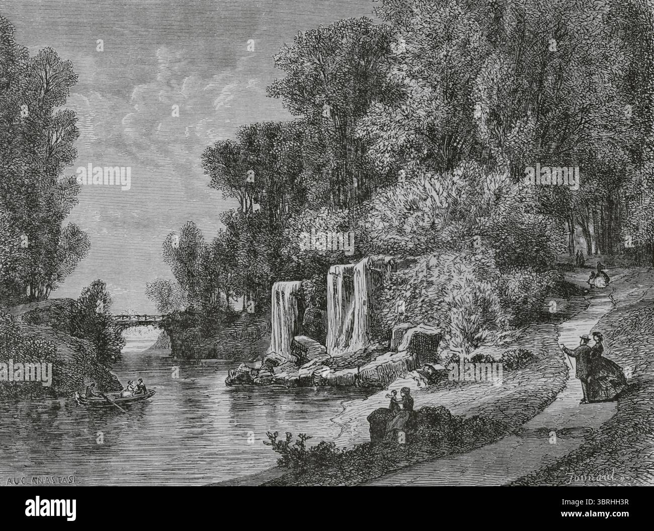 Paris, France. Waterfall in the Bois de Vincennes. Illustration by ...