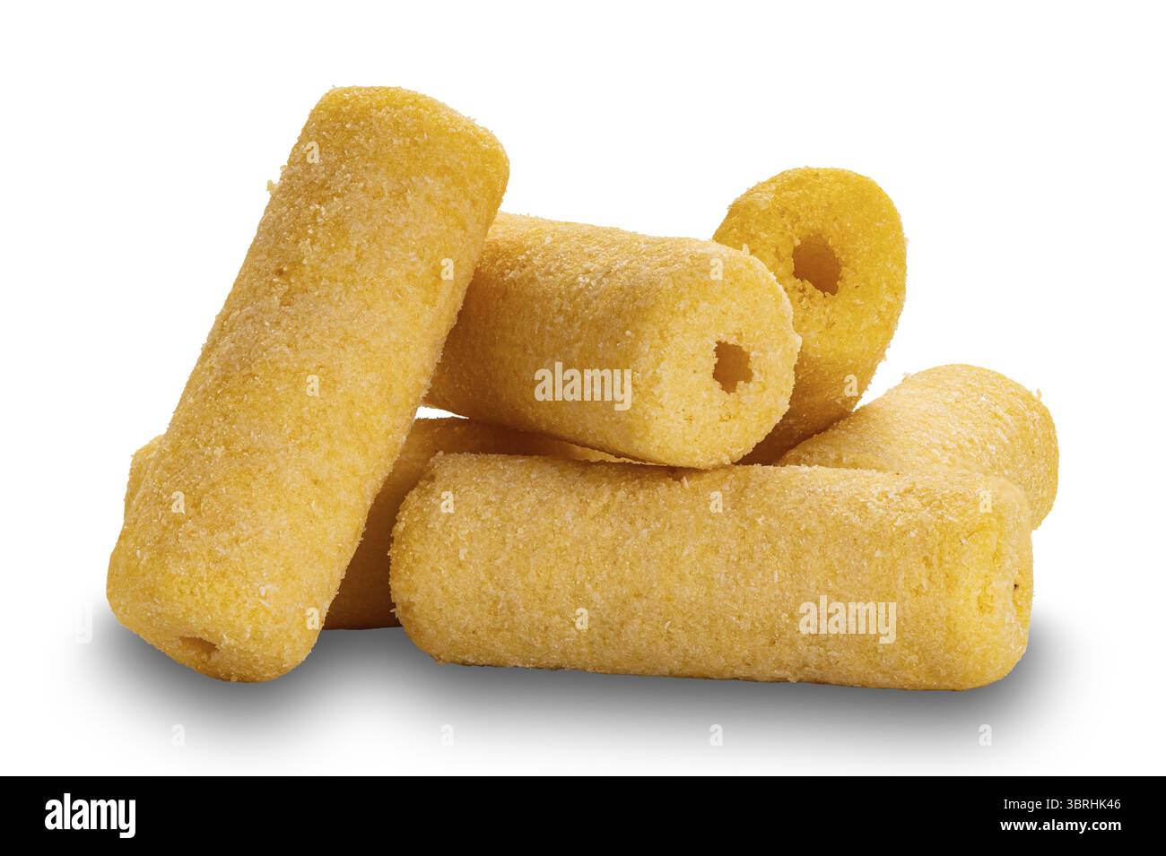 Side view pile of crispy roller corn snack isolated on white background ...