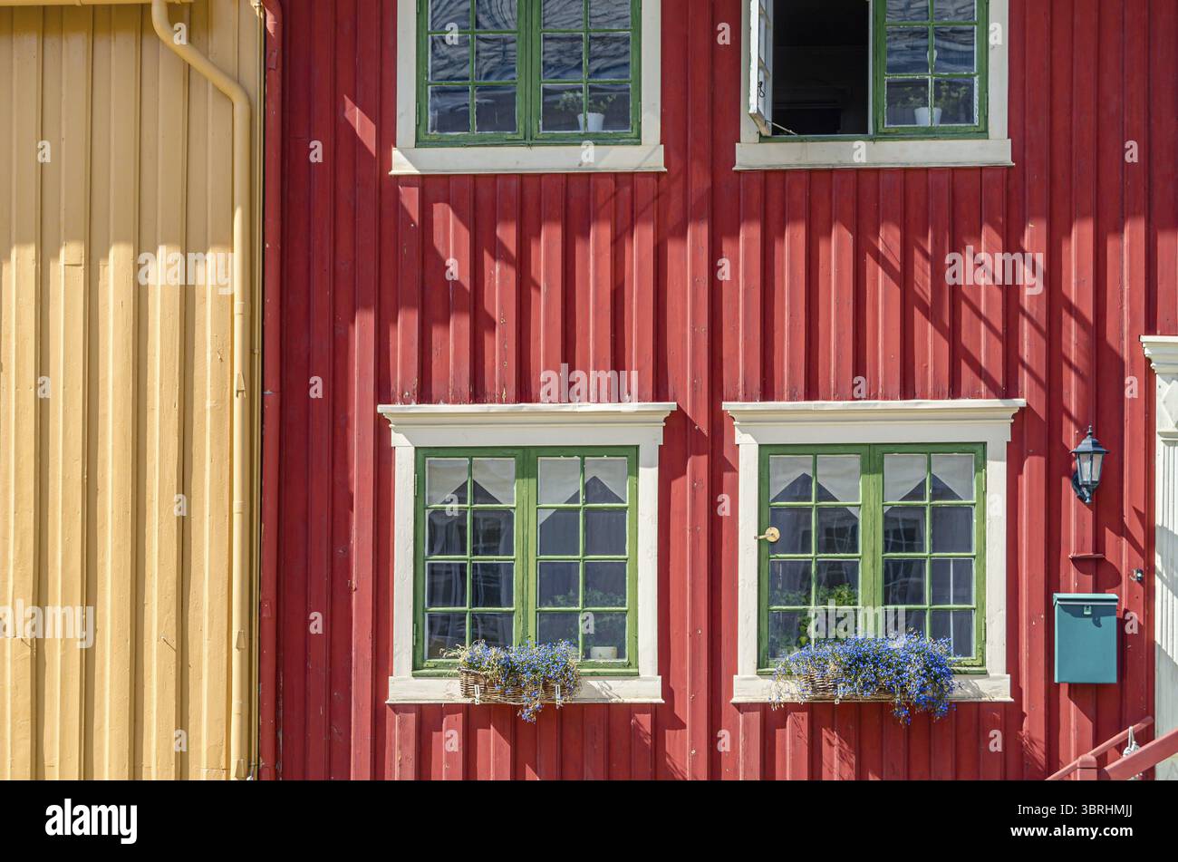 Architectural detail of authentic wooden buildings in the mining town ...
