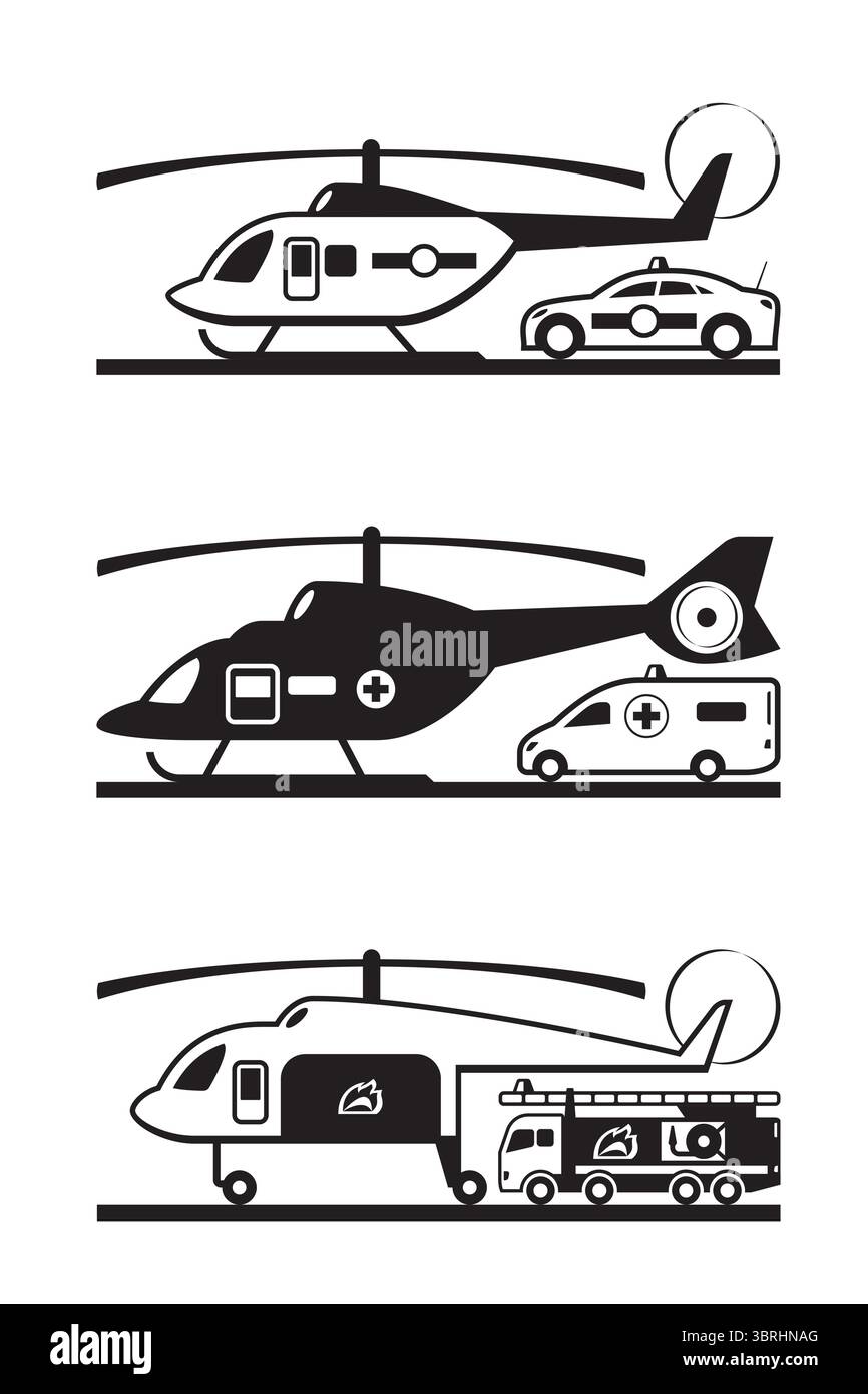 Helicopters with police car, ambulance bus and fire truck – vector ...