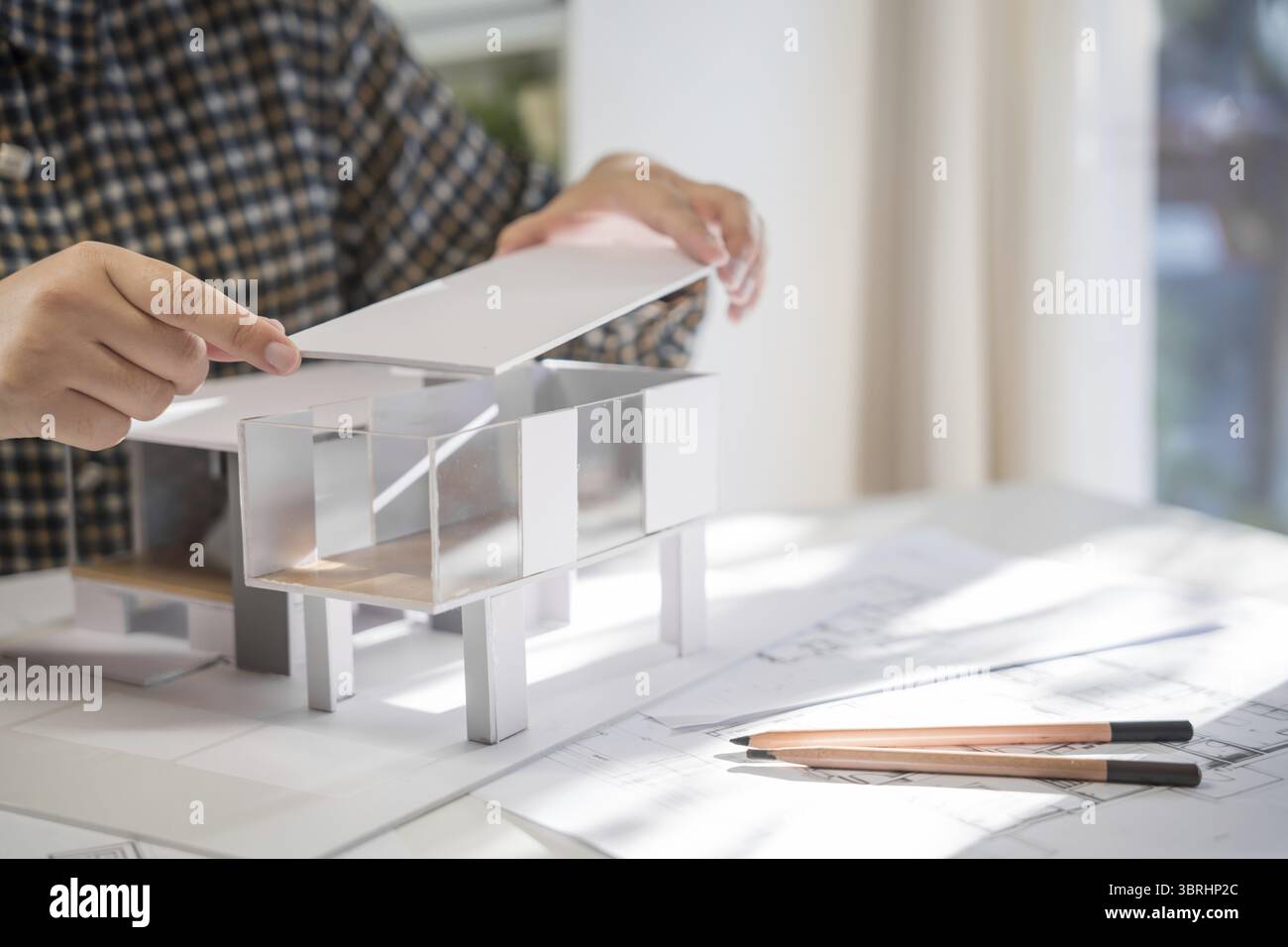 House model on Buleprint construction drawing and drawing equipment ...