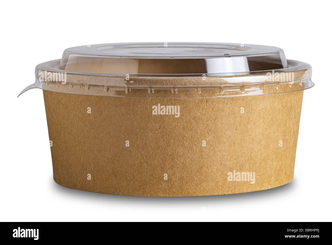 Closeup view of brown paper bowl cover with transparent plastic lid ...